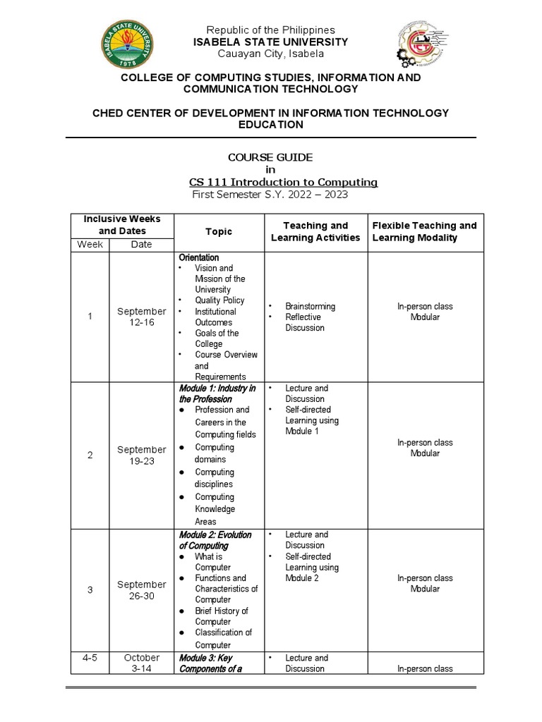 Course Guide in CS 111 Intorduction To Computing | PDF | Computing ...