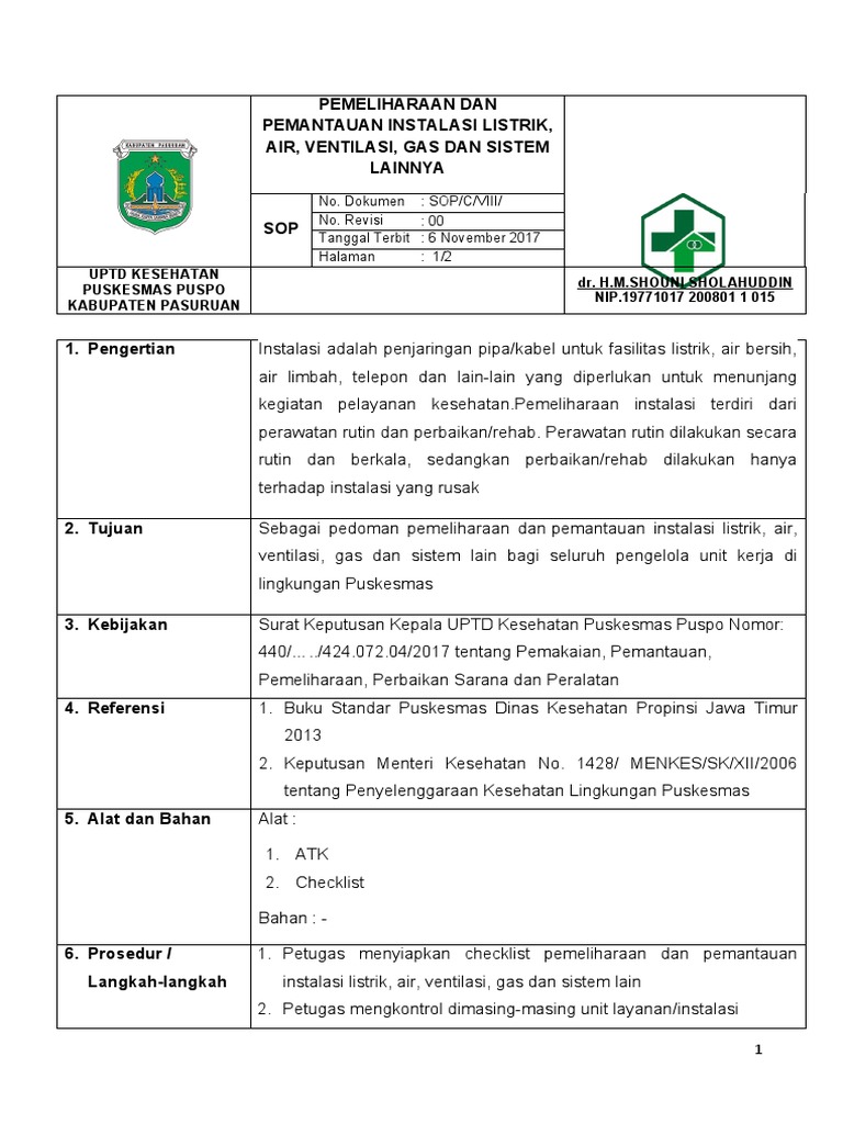 Sop Pemeliharaan Dan Pemantauan Instalasi Listrik, Air, Ventilasi, Gas Dan Sistem Lainnya | PDF