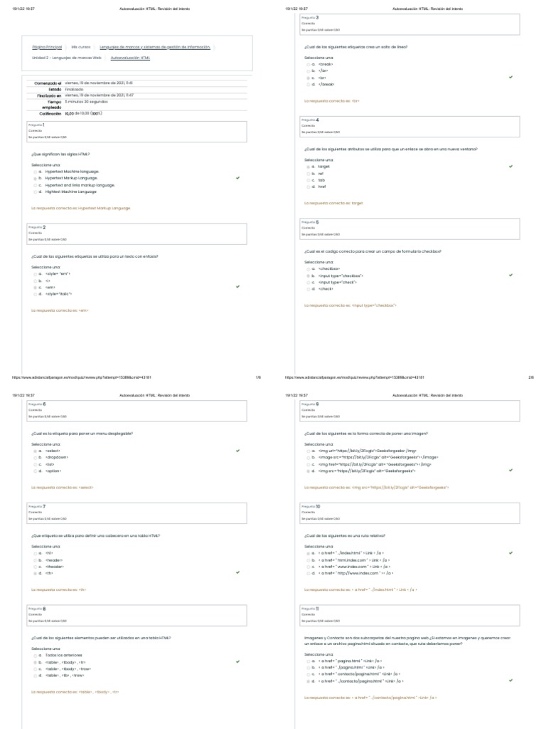 Autoevaluación HTML - Revisión Del Intento | PDF | HTML | Lenguaje de marcado