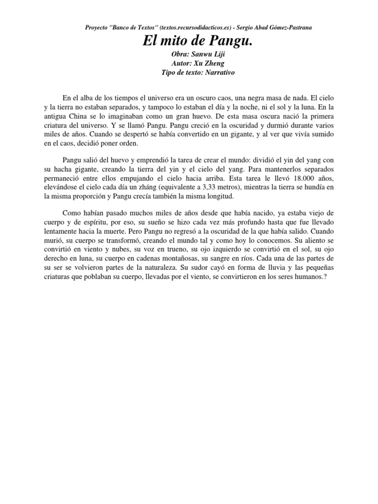 El Mito de Pangu. | PDF | Historia | Libros para adolescentes