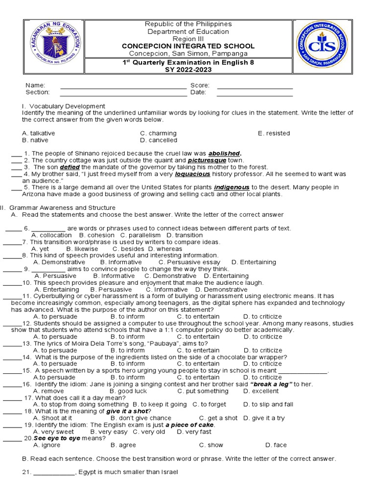 Grade 8 English Q1 Periodical Test | PDF | Cyberbullying