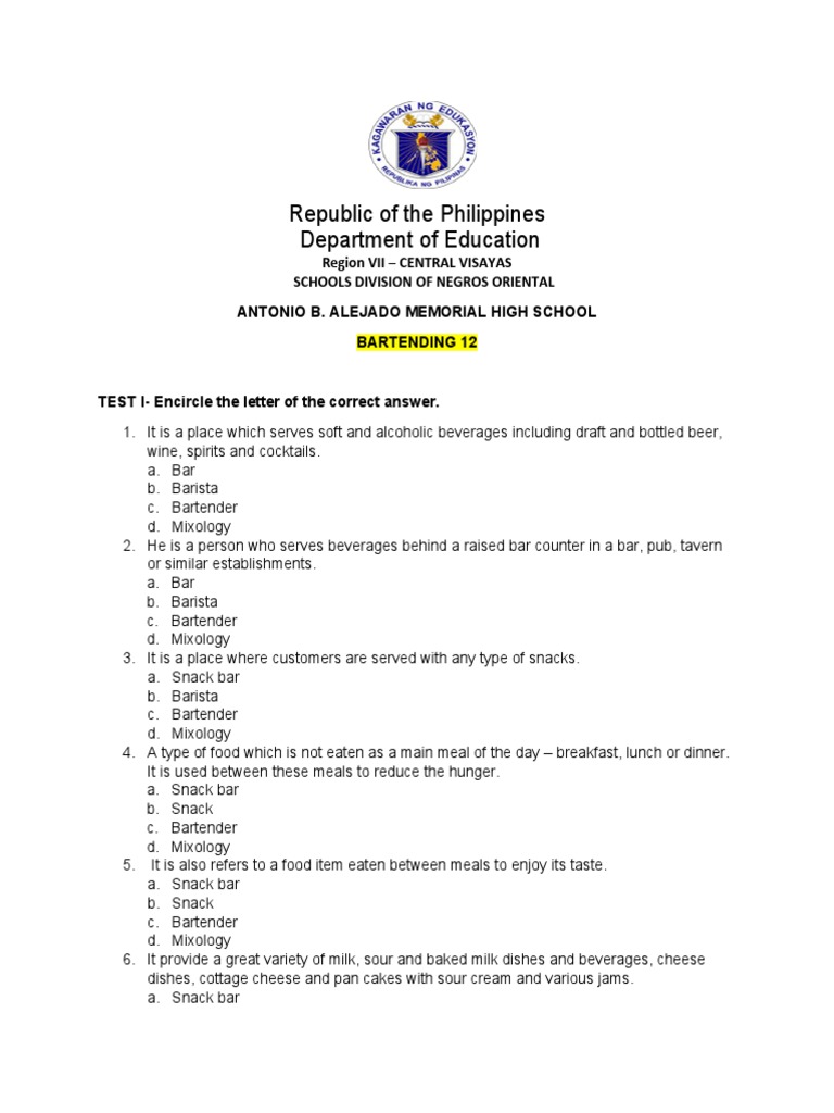 Q1 Exam Bartending | PDF | Bar (Establishment) | Meal