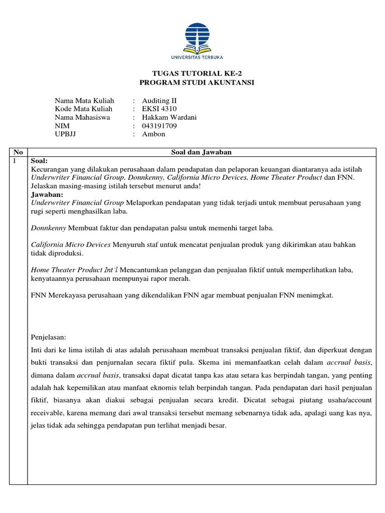 Jawaban Tugas Tutorial Ke-2 Auditing 2 | PDF