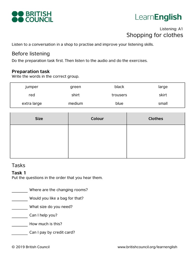 LearnEnglish Listening A1 - Shopping For Clothes | PDF | Clothing