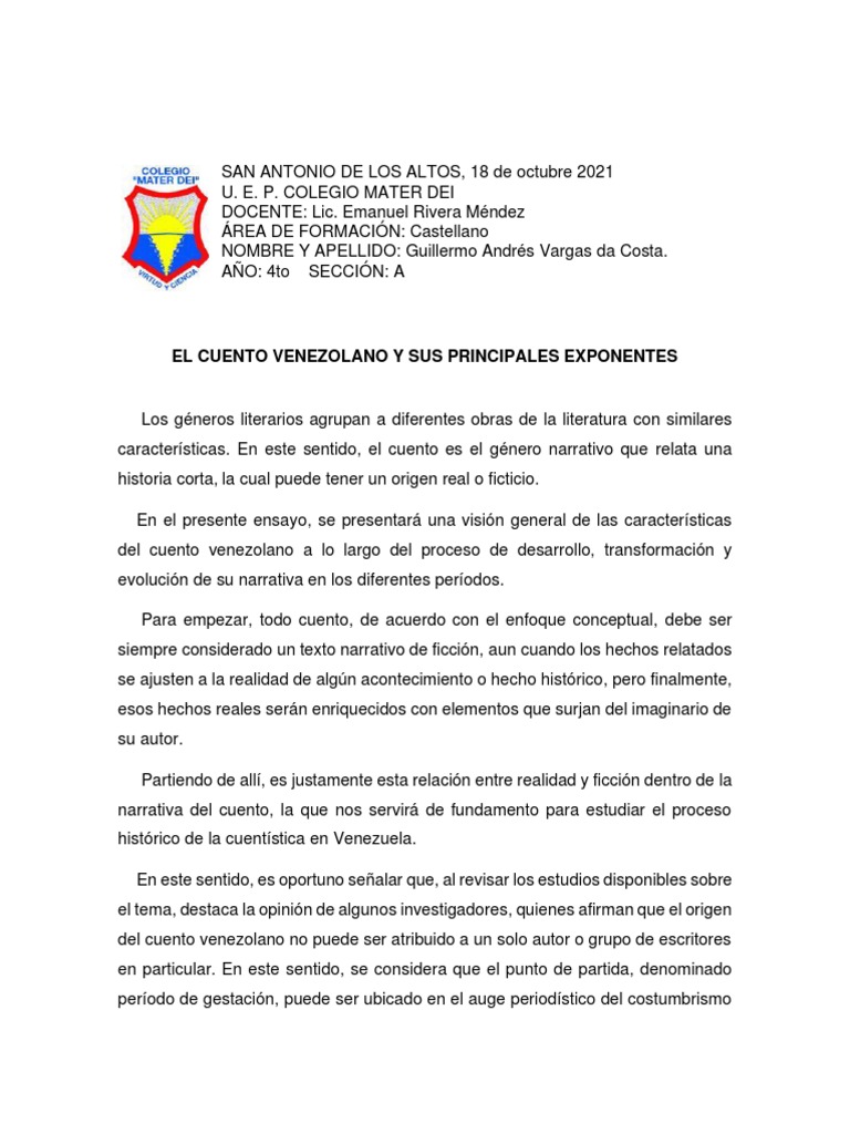 Ensayo Castellano. El Cuento Venezolano. Guillermo Vargas 4a | PDF ...