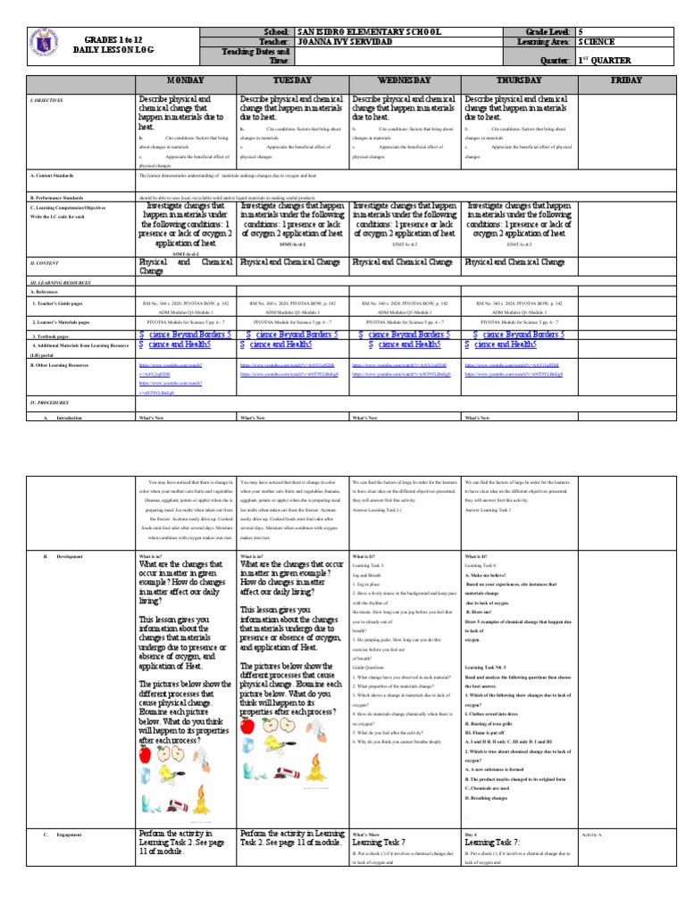 DLL - Science 5 - Q1 - W1 | PDF | Learning | Oxygen