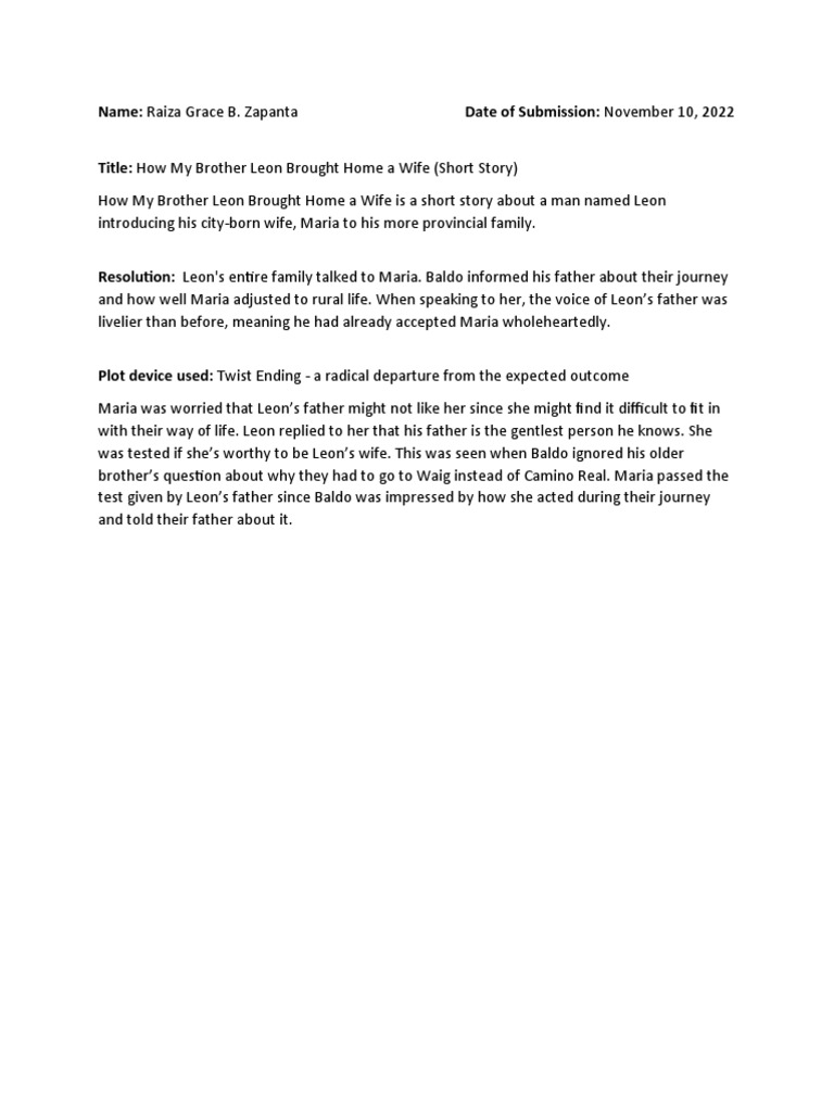 How My Brother Leon Brought Home A Wife Short Story | PDF