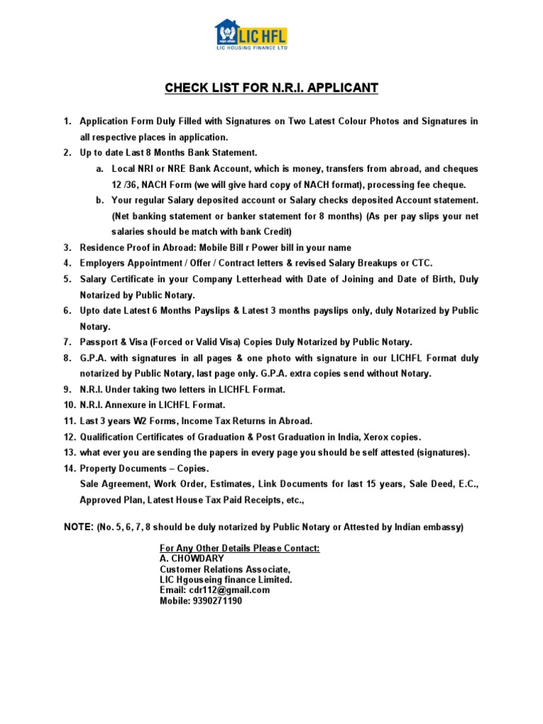NRI Home Loan Document Checklist | PDF