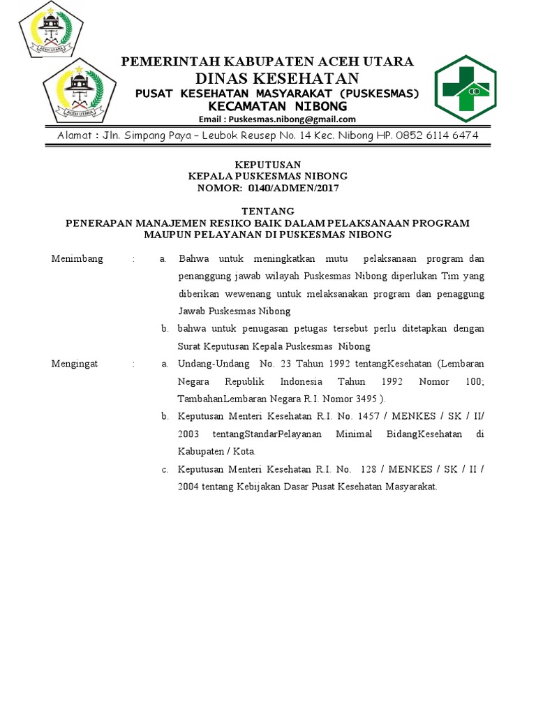 SK PENERAPAN MANAJEMEN RESIKO BAIK DALAM PELAKSANAAN PROGRAM MAUPUN PELAYANAN DI PUSKESMAS ...