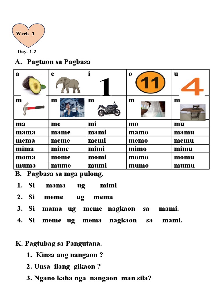 Mga Buruhaton ha Pagbasa ngan Pagsurat sa MTB-Grade-1 | PDF