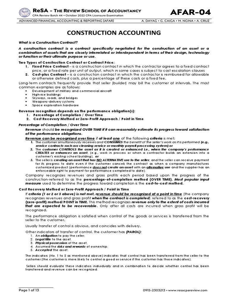 AFAR-04 (Construction Accounting) | PDF | Cost | Revenue