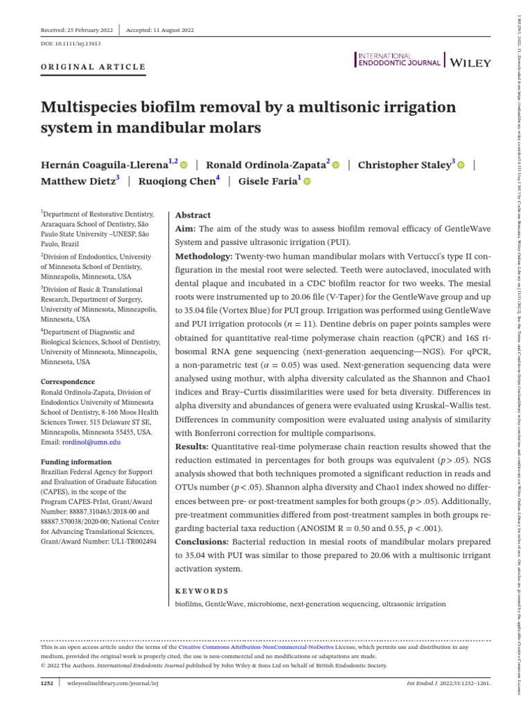 Int Endodontic J - 2022 - Coaguila Llerena - Multispecies Biofilm Removal by A Multisonic ...