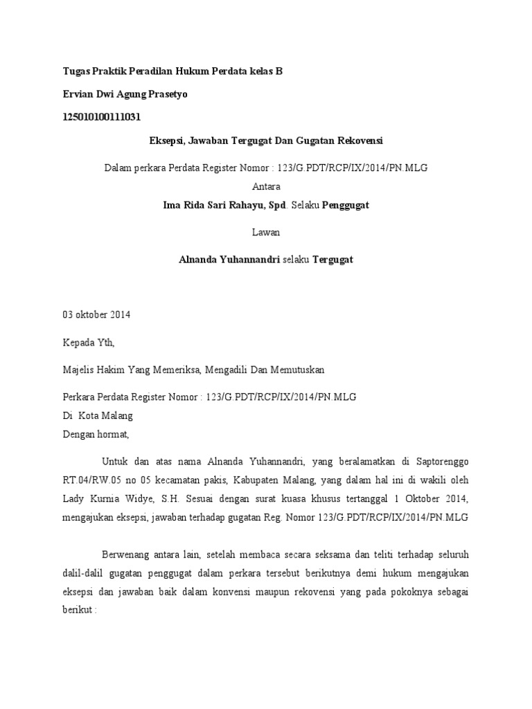 Eksepsi Jawaban Gugatan Dan Gugatan Reko | PDF