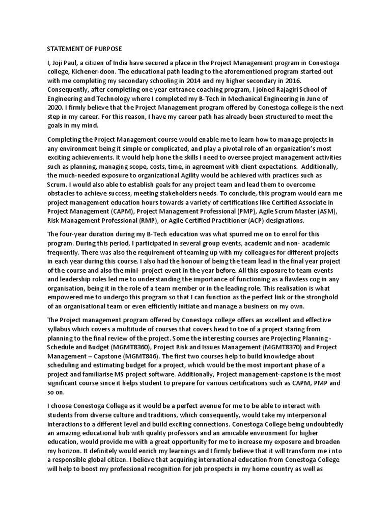 STATEMENT OF PURPOSE Project Management | PDF | Project Management ...