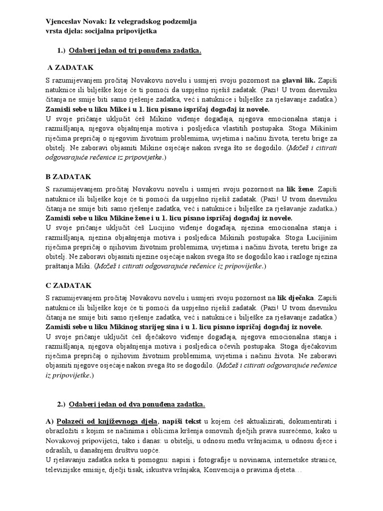 Vjenceslav Novak, Iz Velegradskog Podzemlja - Zadatci | PDF