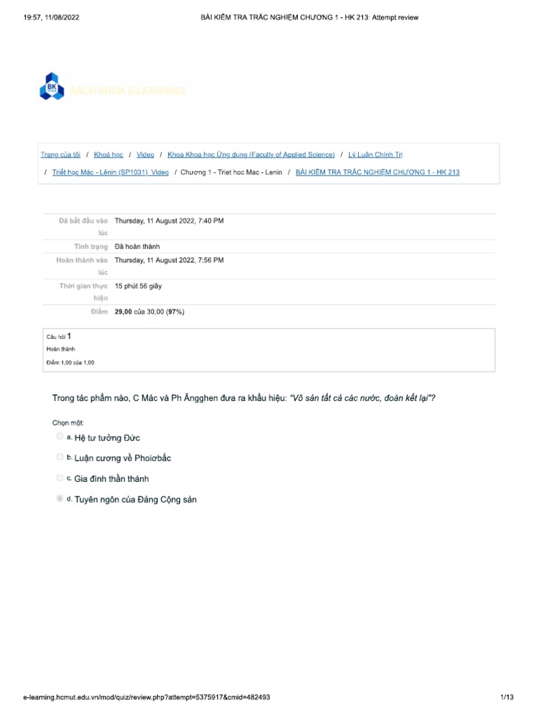 Quizz bkel Triết chương 1 - HCMUT | PDF