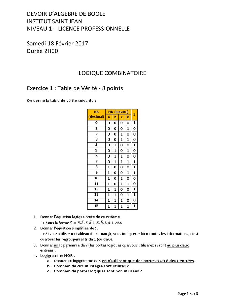 Devoir d'Algèbre de Boole 4ème | PDF | Fonction logique | Algèbre de ...