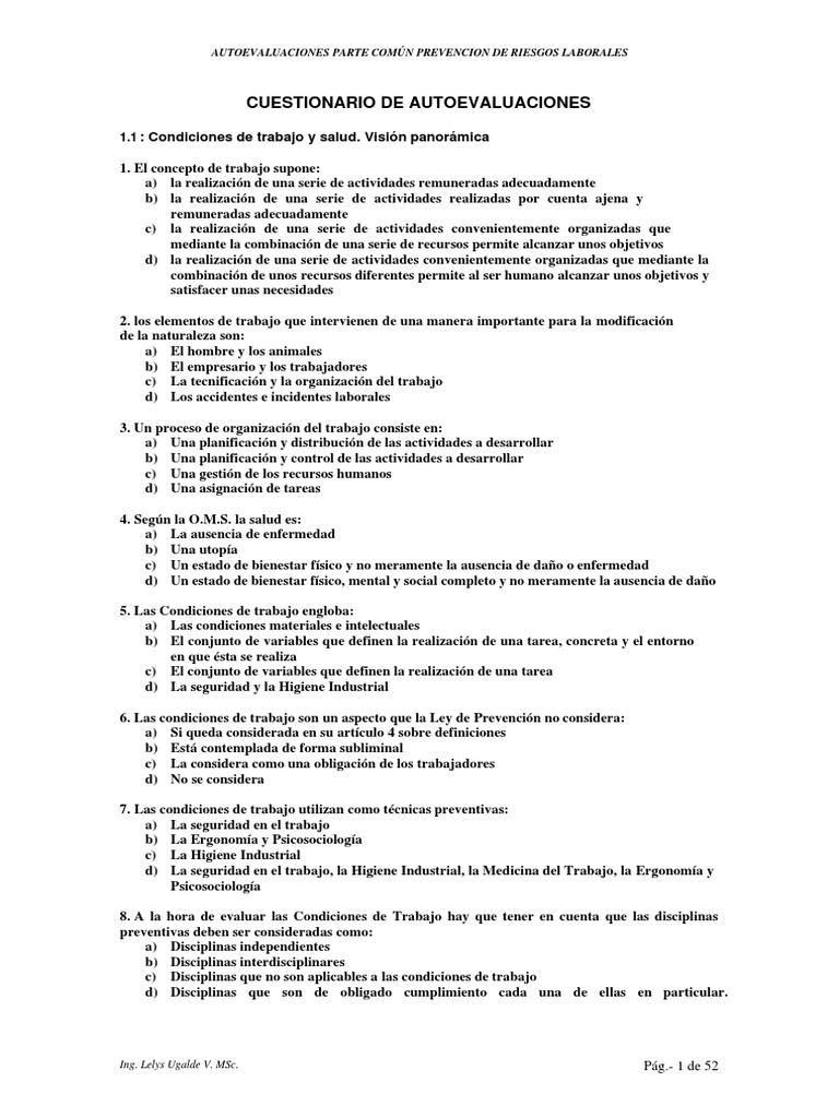 Cuestionario de Prevencion de Riesgos Laborales | PDF | Seguridad y salud ocupacional | Riesgo