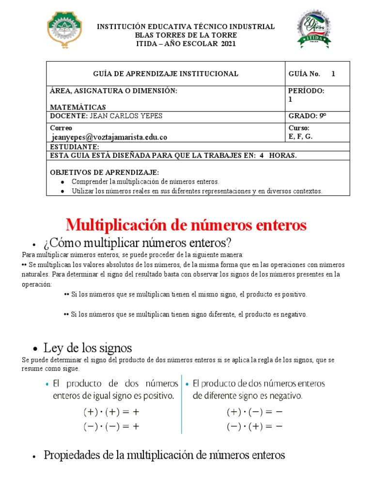Mul y Div de Enteros Guia 1 9f | PDF | Multiplicación | Entero