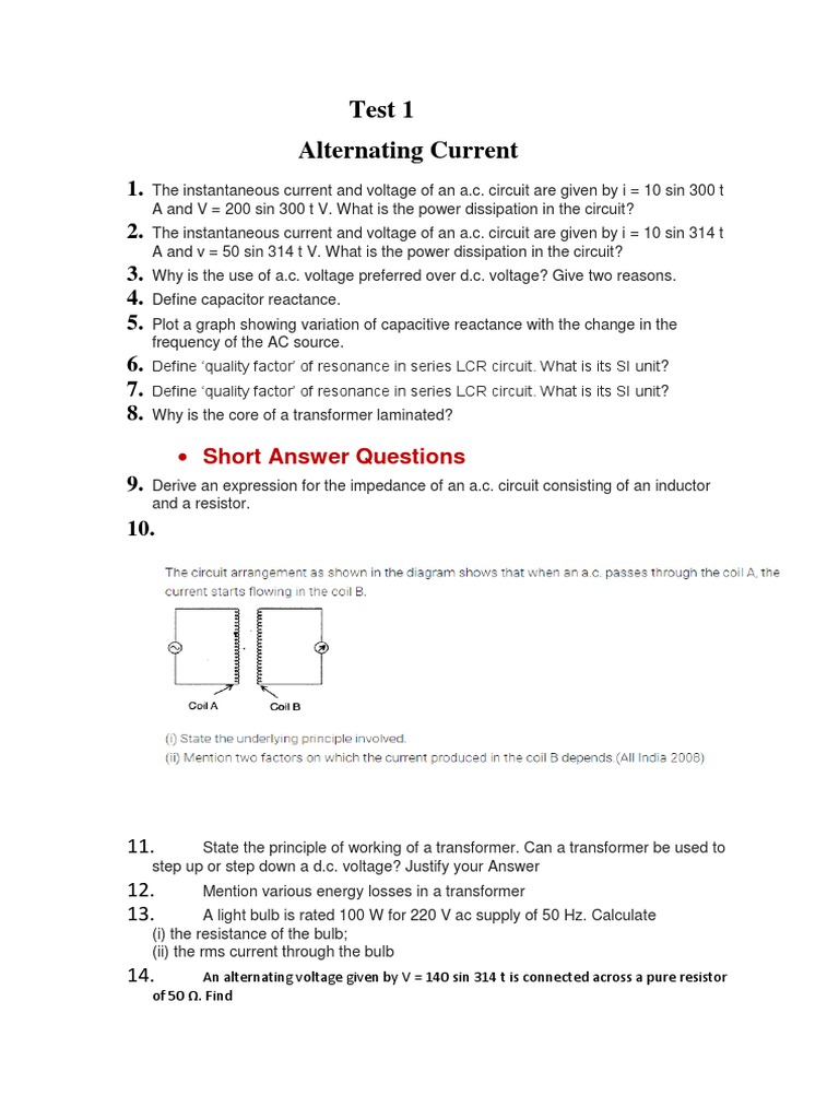 Alternating Current Test 1 | PDF | Alternating Current | Electrical ...