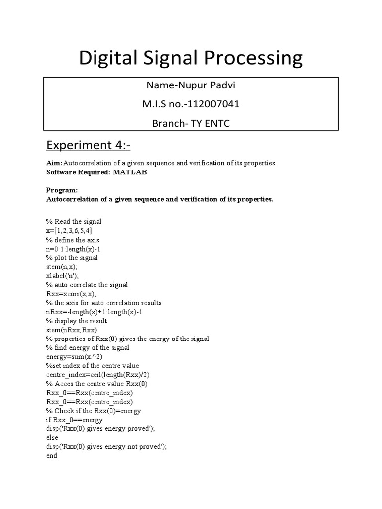 Experiment 4 Pdf Autocorrelation Telecommunications Engineering