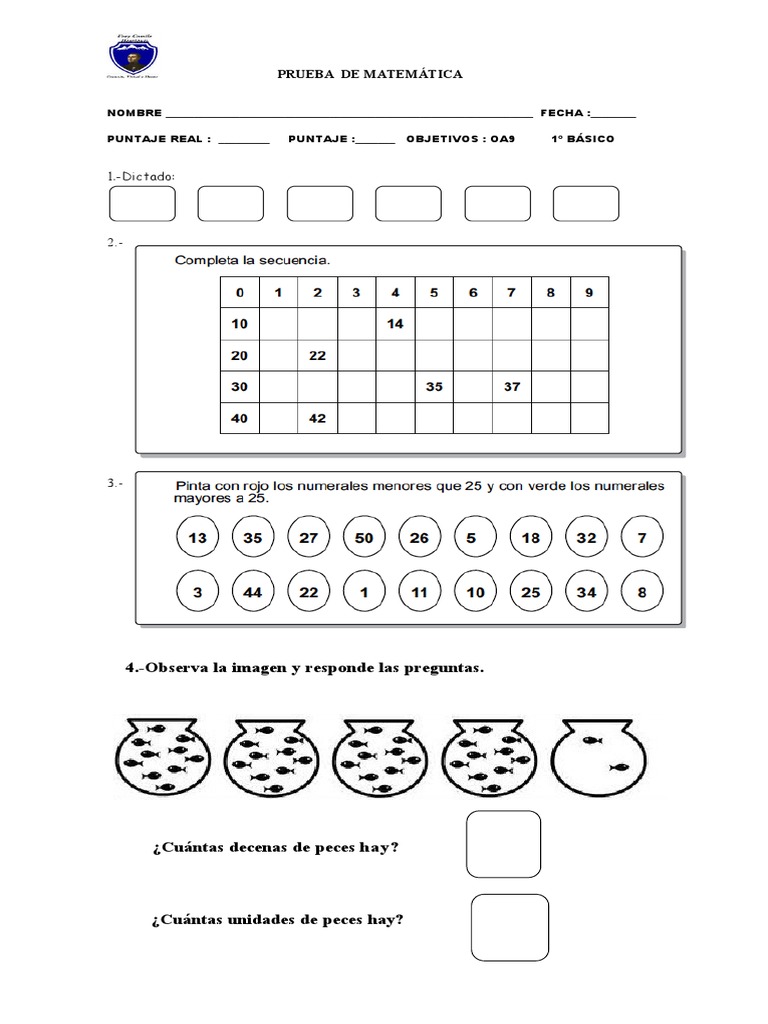 Prueba de Matemat. Numeros Hasta El 50 | PDF