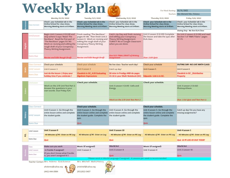 Weekly Lesson Plan for 10/31/2022 | PDF | Physical Education | Behavior ...