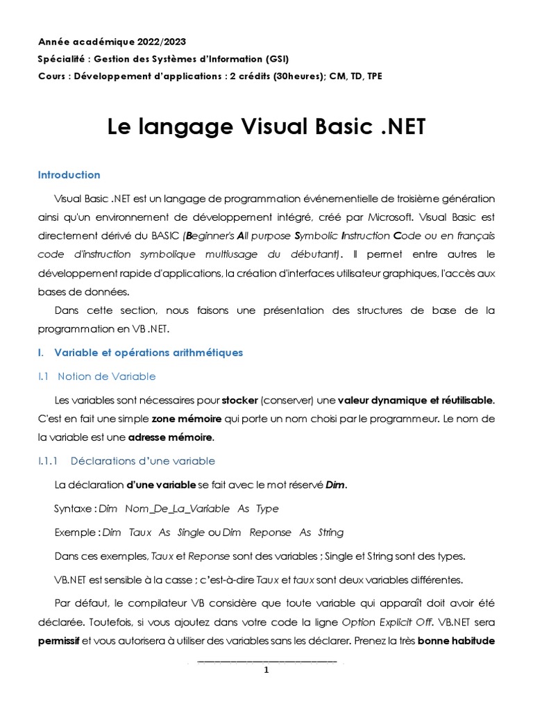 Le Langage Visual Basic | PDF | Structure de contrôle | De base