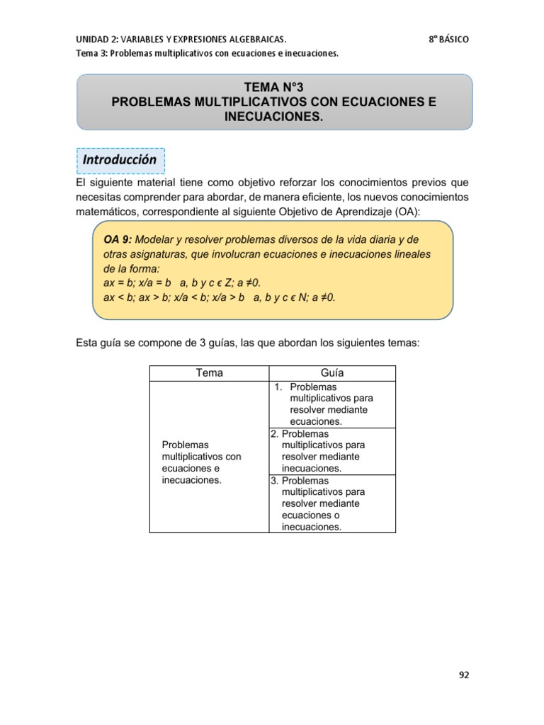 Guía de Ecuaciones e Inecuaciones 8° Básico | PDF | Ecuaciones ...