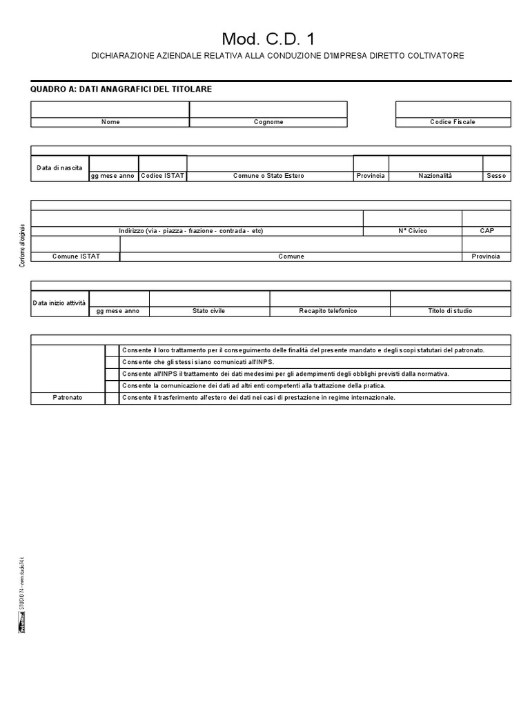 Mod. C.D. 1: Dichiarazione Aziendale Relativa Alla Conduzione D'Impresa Diretto Coltivatore | PDF