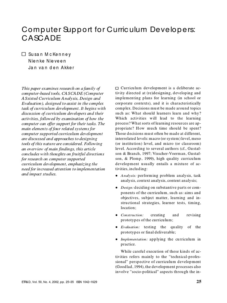 Computer Support For Curriculum Developers: Cascade: Susan Mckenney ...