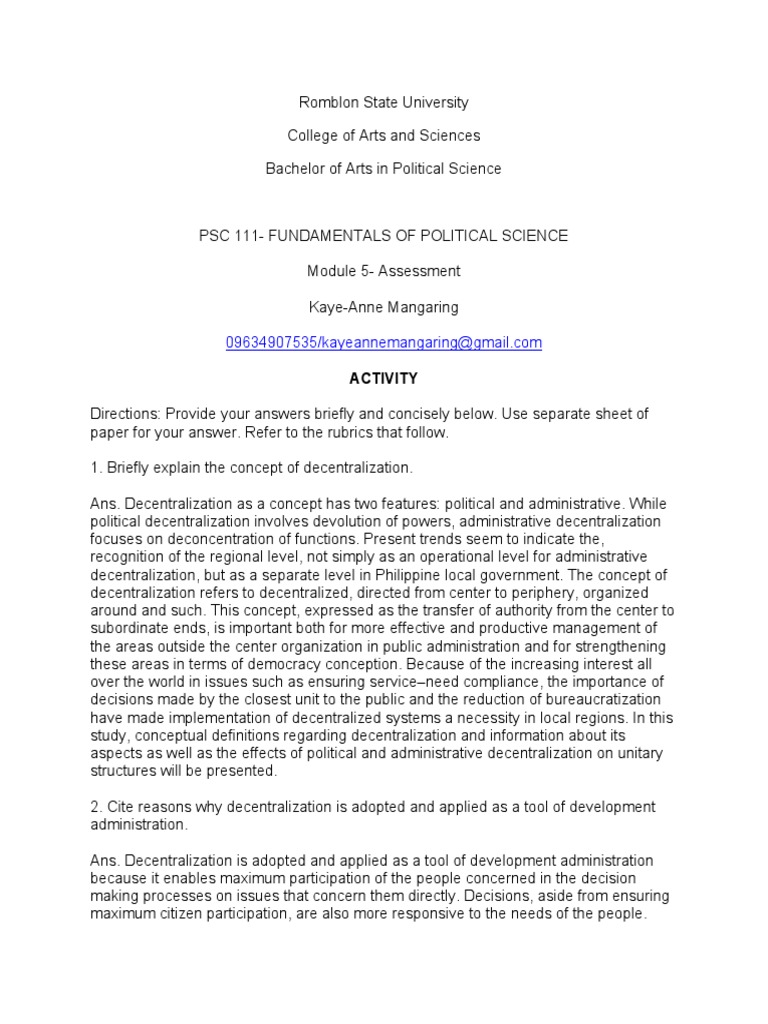 Kaye-Anne Mangaring, Module 5, FPS | PDF | Decentralization | Devolution