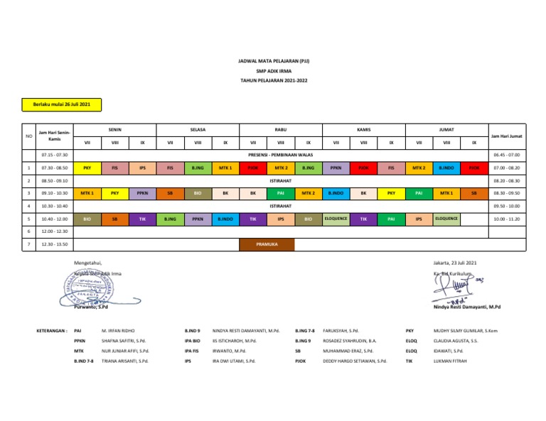 Jadwal Pelajaran SMP Adik Irma 2021-2022 | PDF