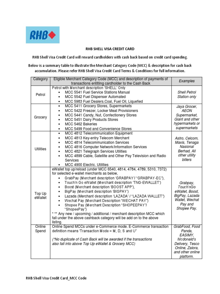 RHB Shell Visa Credit Card - MCC - Code | PDF | Services (Economics ...