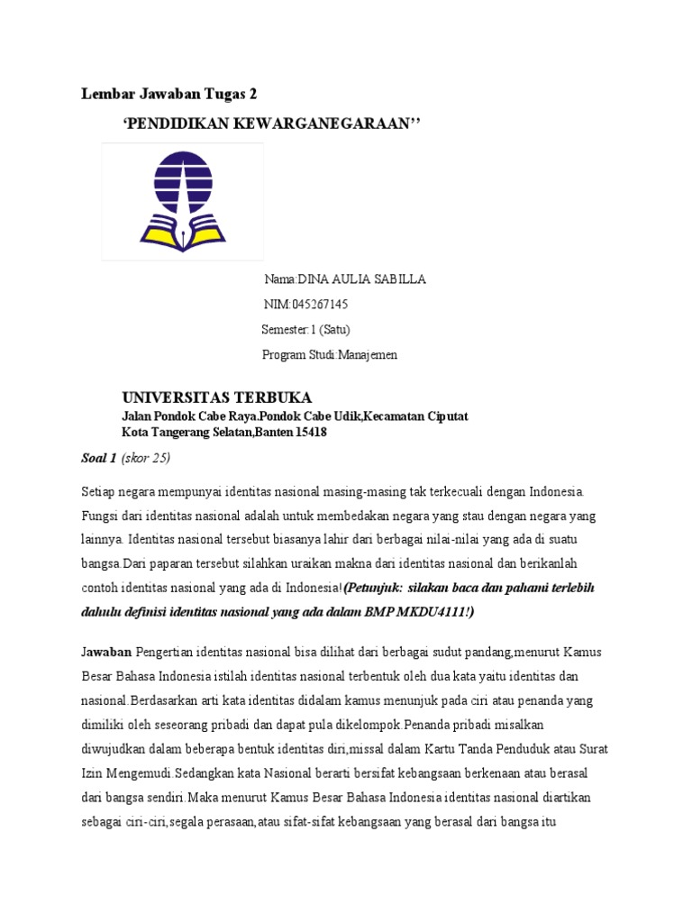 Lembar Jawaban Tugas 2 PKN | PDF | Sains & Matematika