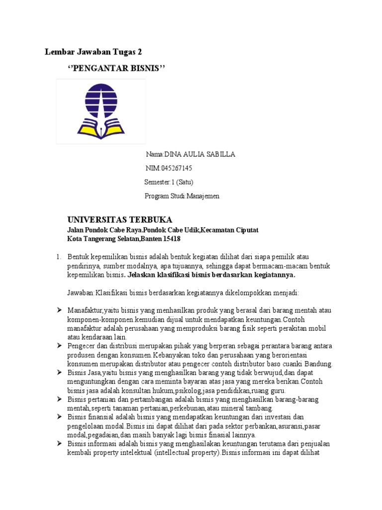 Lembar Jawaban Tugas 2 PENGANTAR BISNIS | PDF