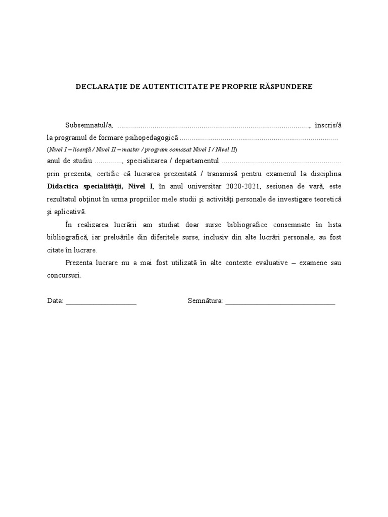 DECLARATIE de AUTENTICITATE - Docx 2021 | PDF