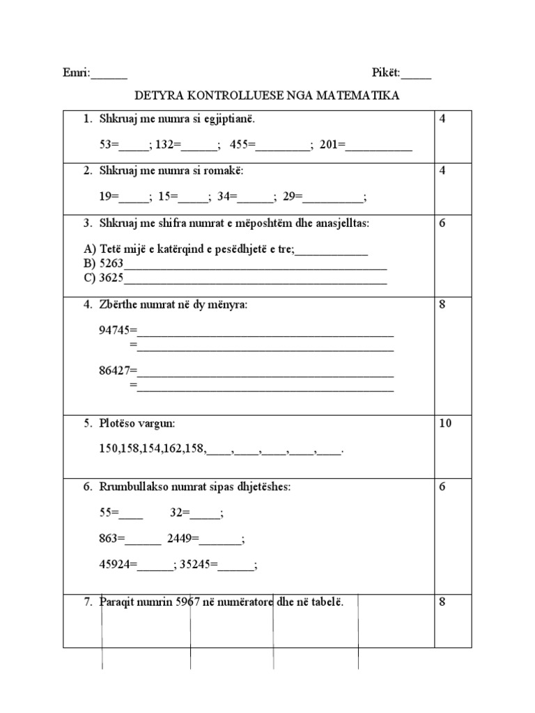 Ushtrim Kontrollues - Matematike | PDF