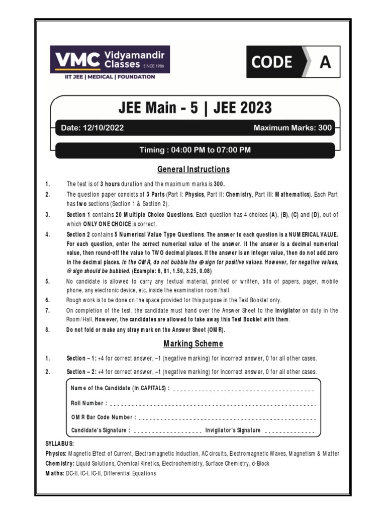 JEE Main - 5 - JEE 2023 - Paper | PDF | Inductor | Electrical Network