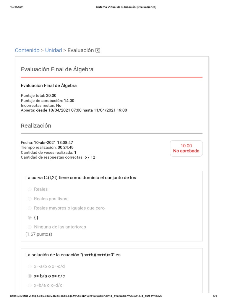 Prueba Final Algebra | PDF | Conjunto (Matemáticas) | Curva