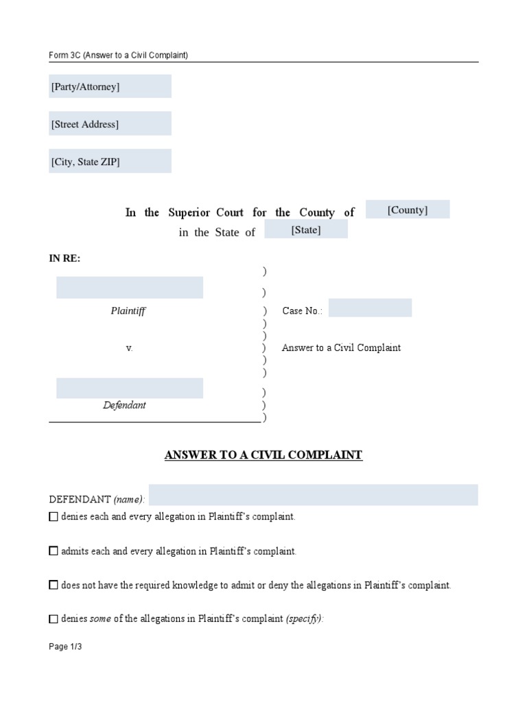 Form 3C (Answer To A Civil Complaint) | PDF
