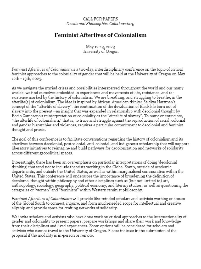 Feminist Afterlives of Colonialism CFP FINAL | PDF | Feminism | Gender Studies
