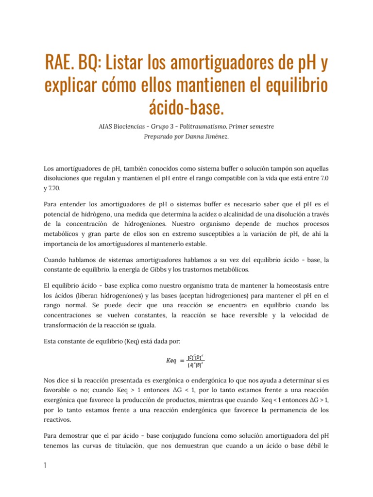 RESUMEN - RAE. BQ - Listar Los Amortiguadores de PH y Explicar Cómo Ellos Mantienen El ...