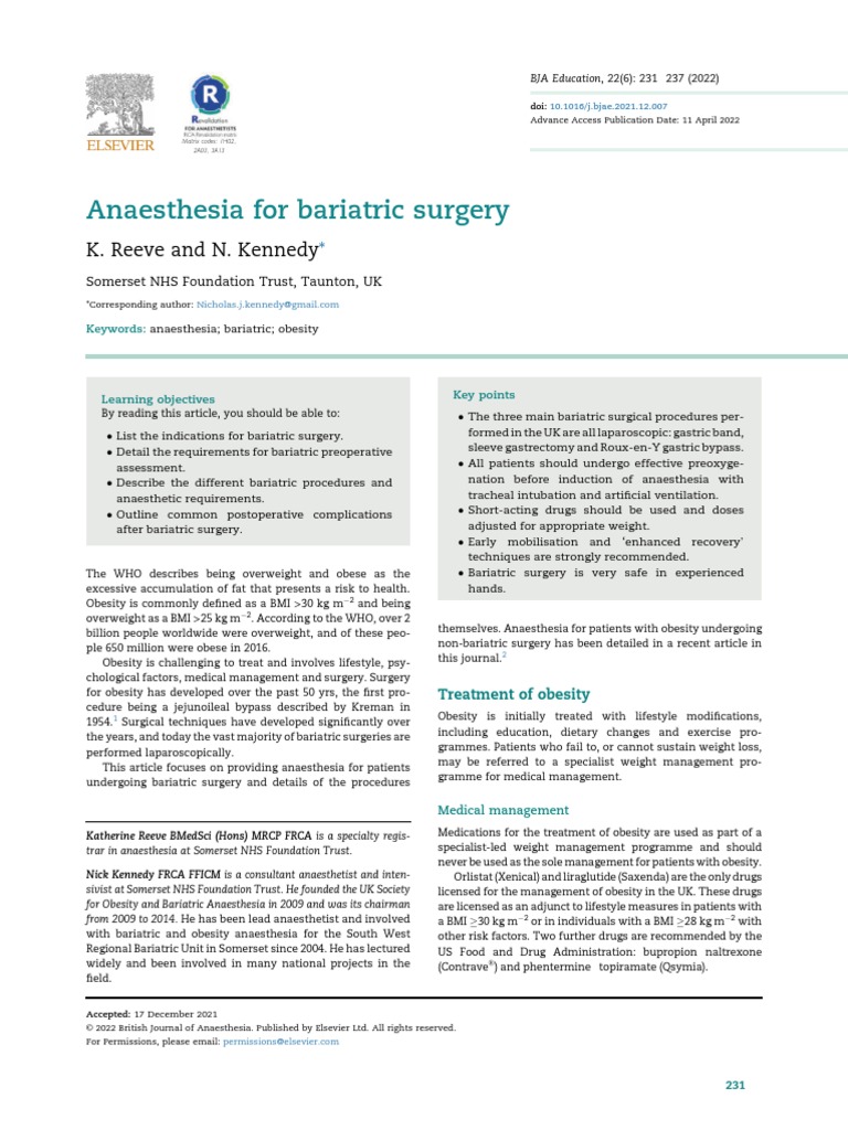 Anaesthesia For Bariatric Surgery | PDF | Bariatric Surgery | Obesity
