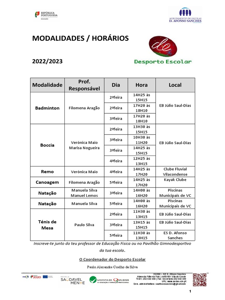Desporto Escolar Modalidades - Horários | PDF | Esportes