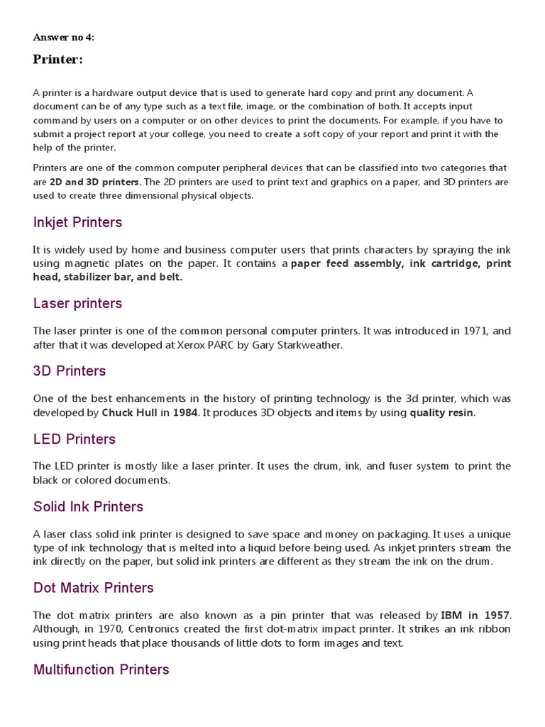 Exploring the Types and Functions of Common Printer Technologies | PDF ...