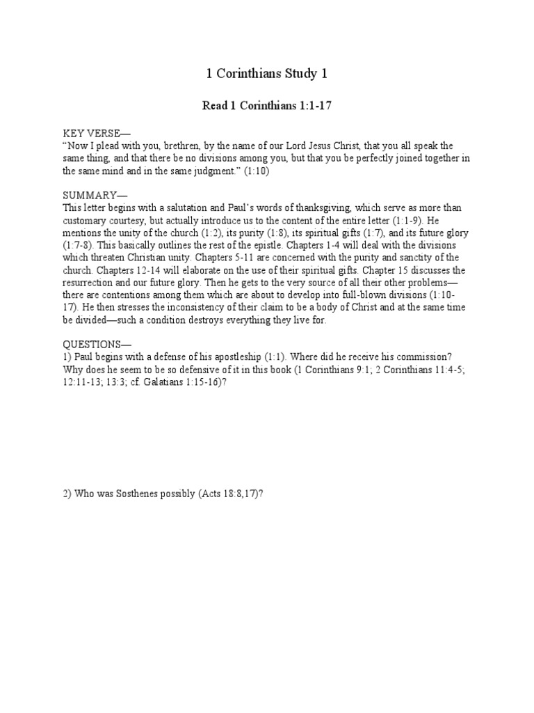 1 Corinthians Chapter 1 Overview | PDF | First Epistle To The ...