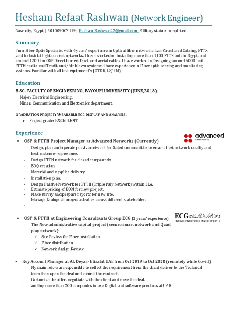 Hesham Refaat Rashwan: (Network Engineer) | PDF | Fiber To The X | Optical Fiber