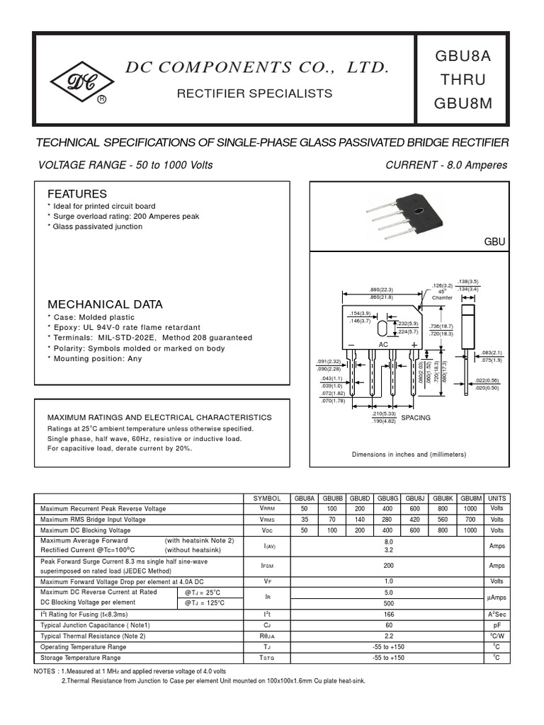 Gbu8d-Dc Components | PDF | Rectifier | Electrical Components