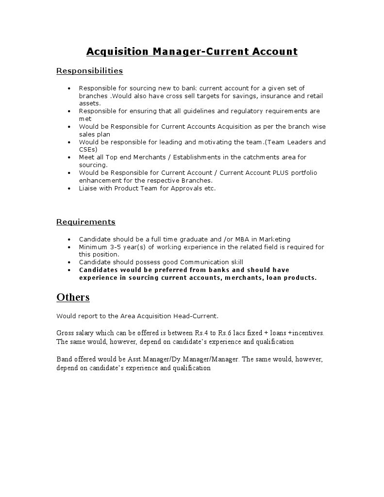 Current Account Acquisition Manager Role | PDF